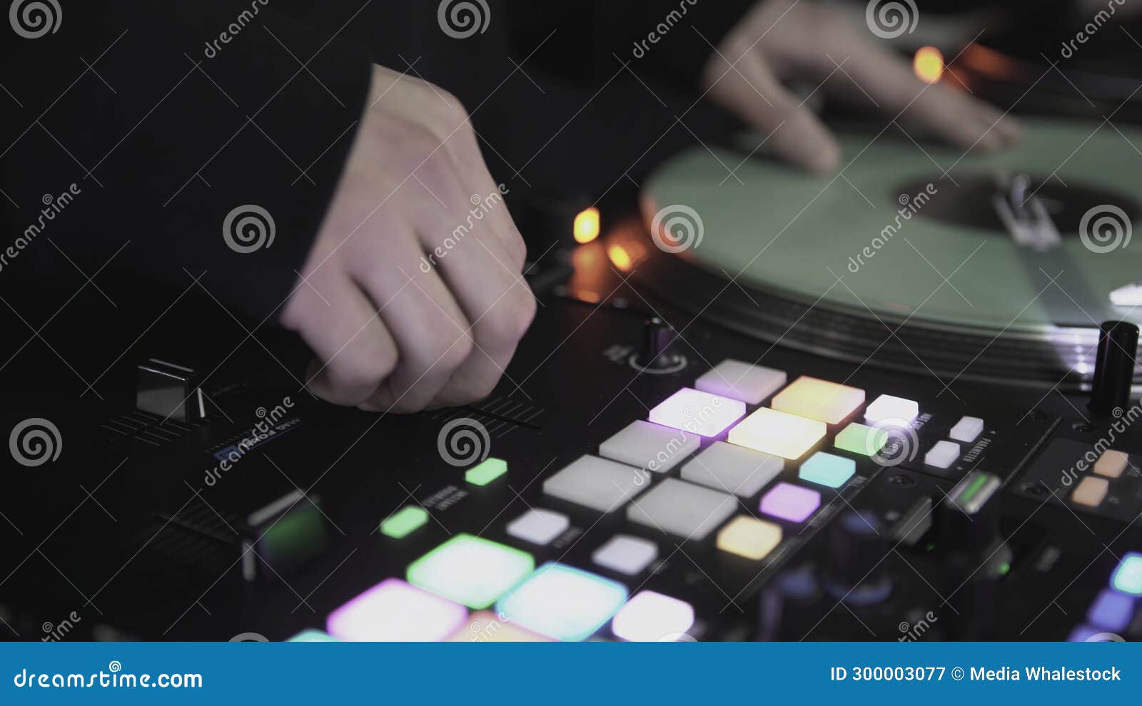 Click Colored Squares on Mixer Panel. ART. Hands in Dark Room are ...