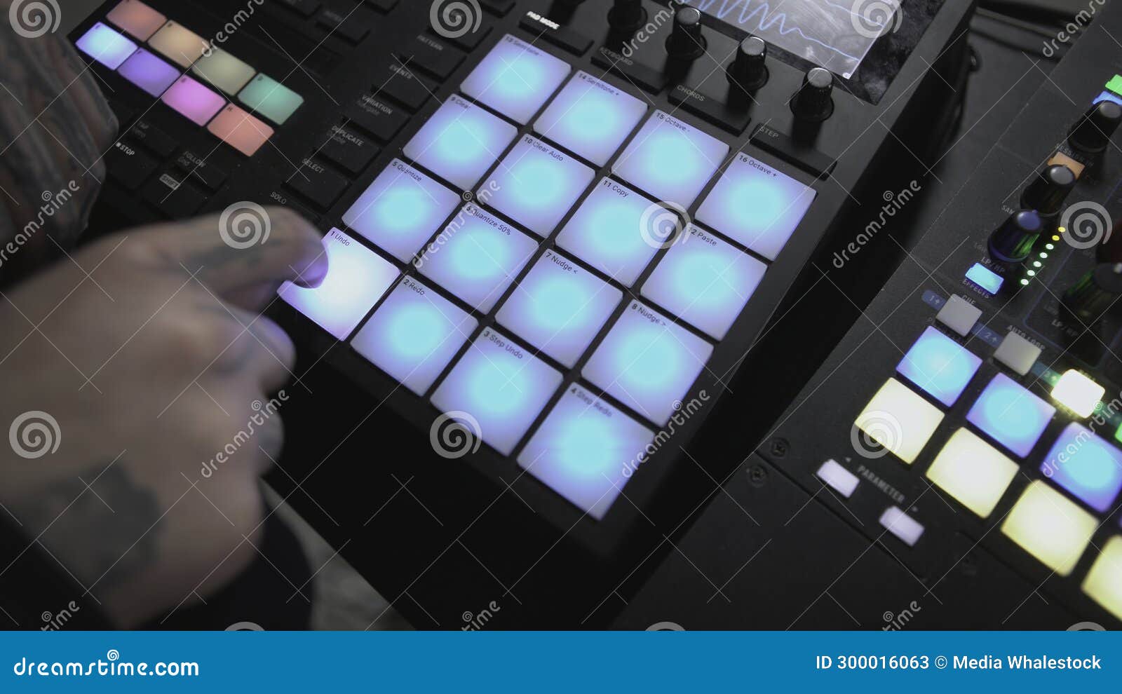 Click Colored Squares on Mixer Panel. ART. Hands in Dark Room are ...