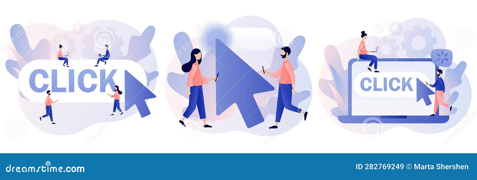 Click Here Button. Cursor Pointer Sign. Tiny People with Huge Mouse ...