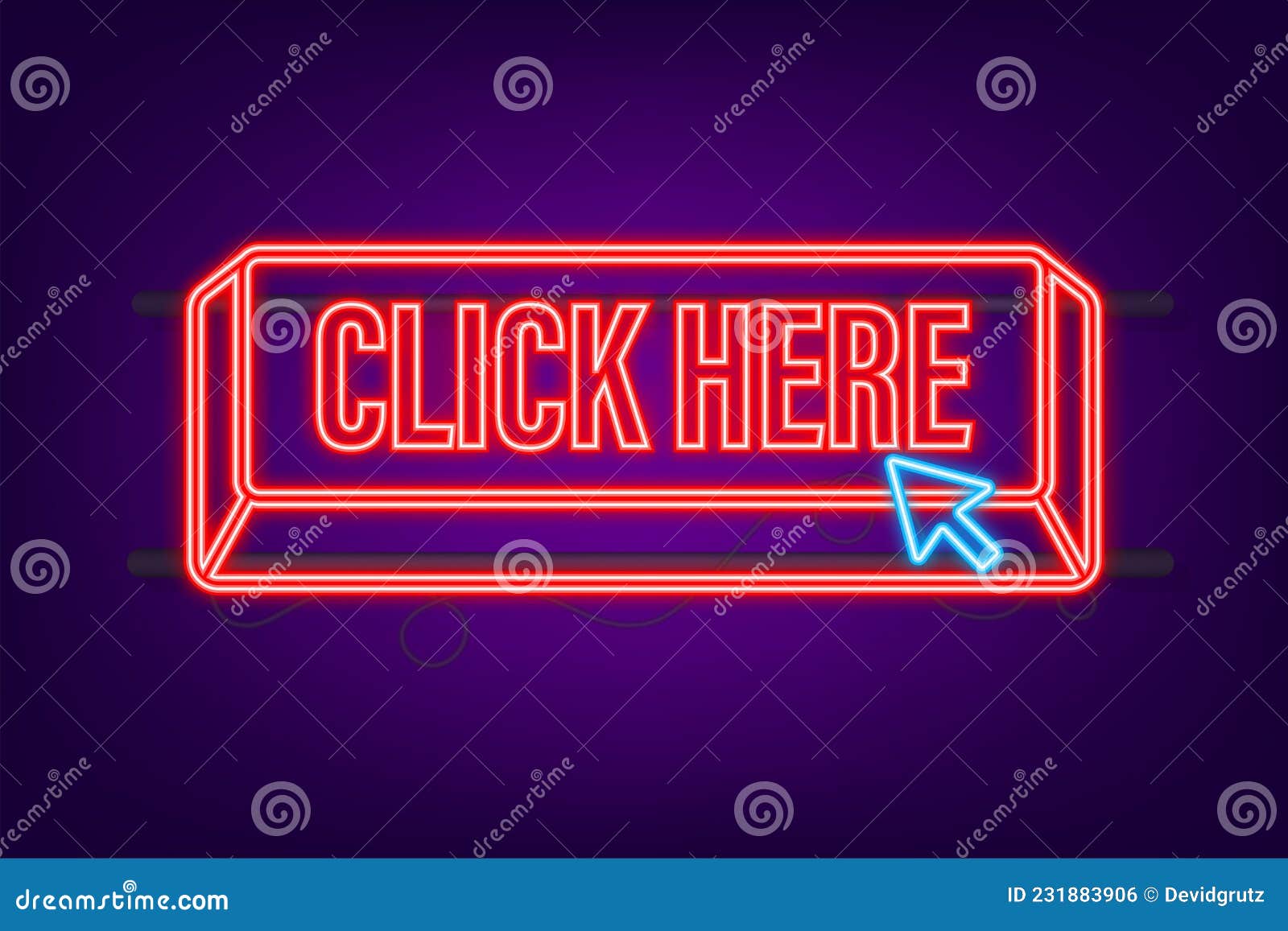 Click Here Button with Hand Pointer Clicking. Neon Icon. Vector Stock ...