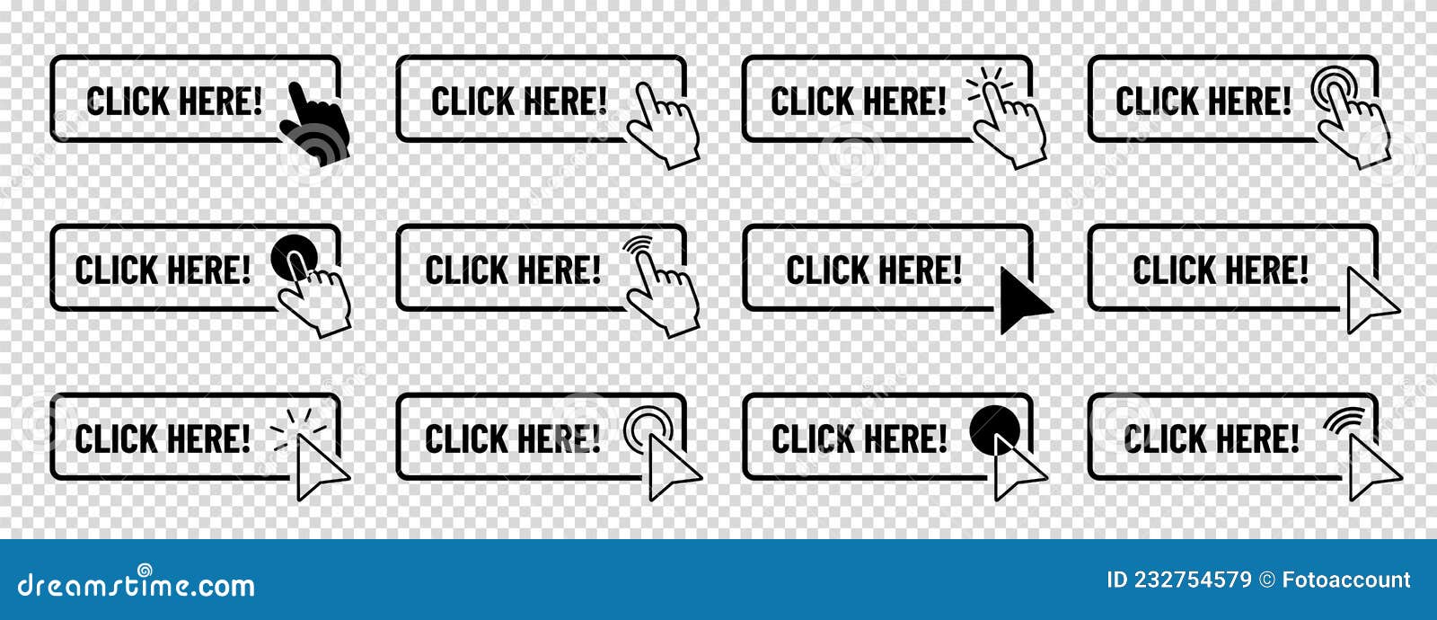 Click Here Button Set - Different Flat Vector Illustrations Isolated on ...