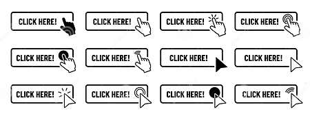 Click Here Button Set - Different Flat Vector Illustrations Isolated on ...