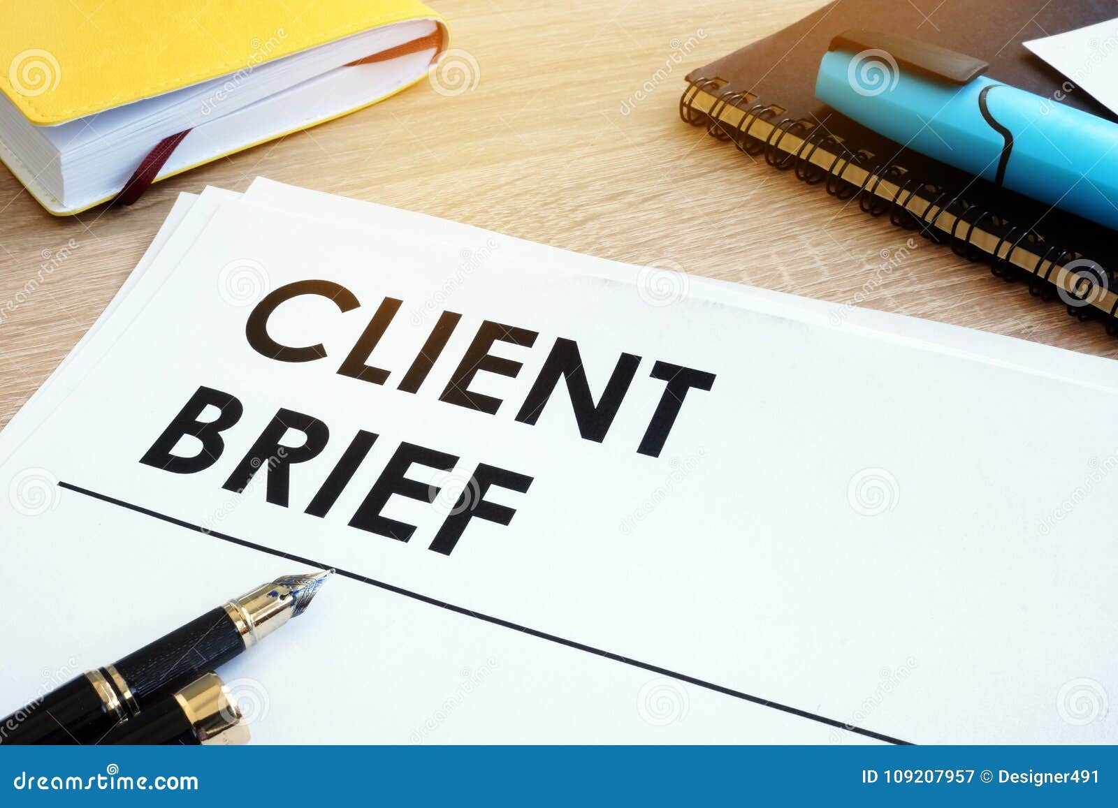 Client Brief on a Desk with Note. Stock Image - Image of objective ...