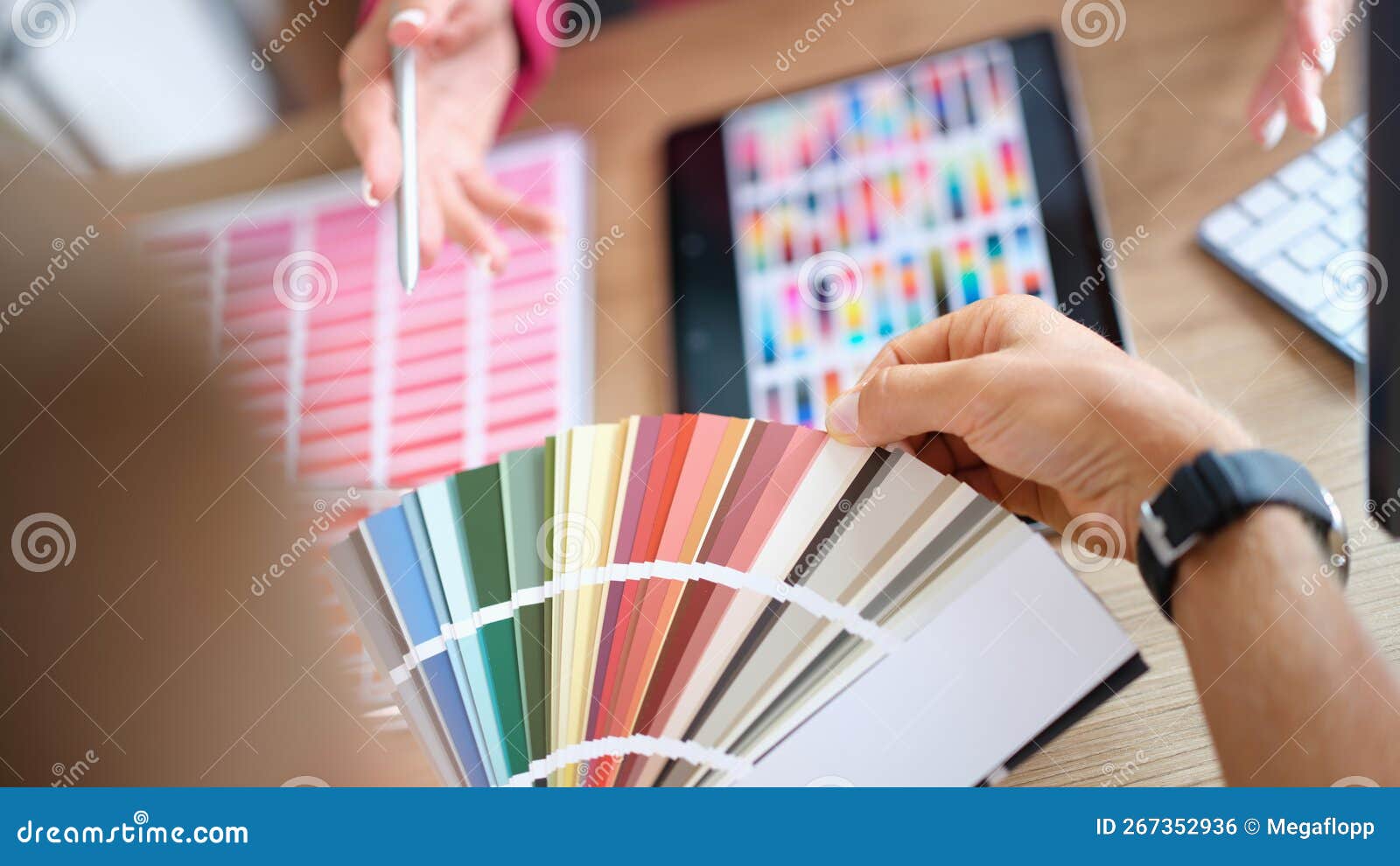 Client Chooses Color from Variety of Samples in Art Studio Close Up ...