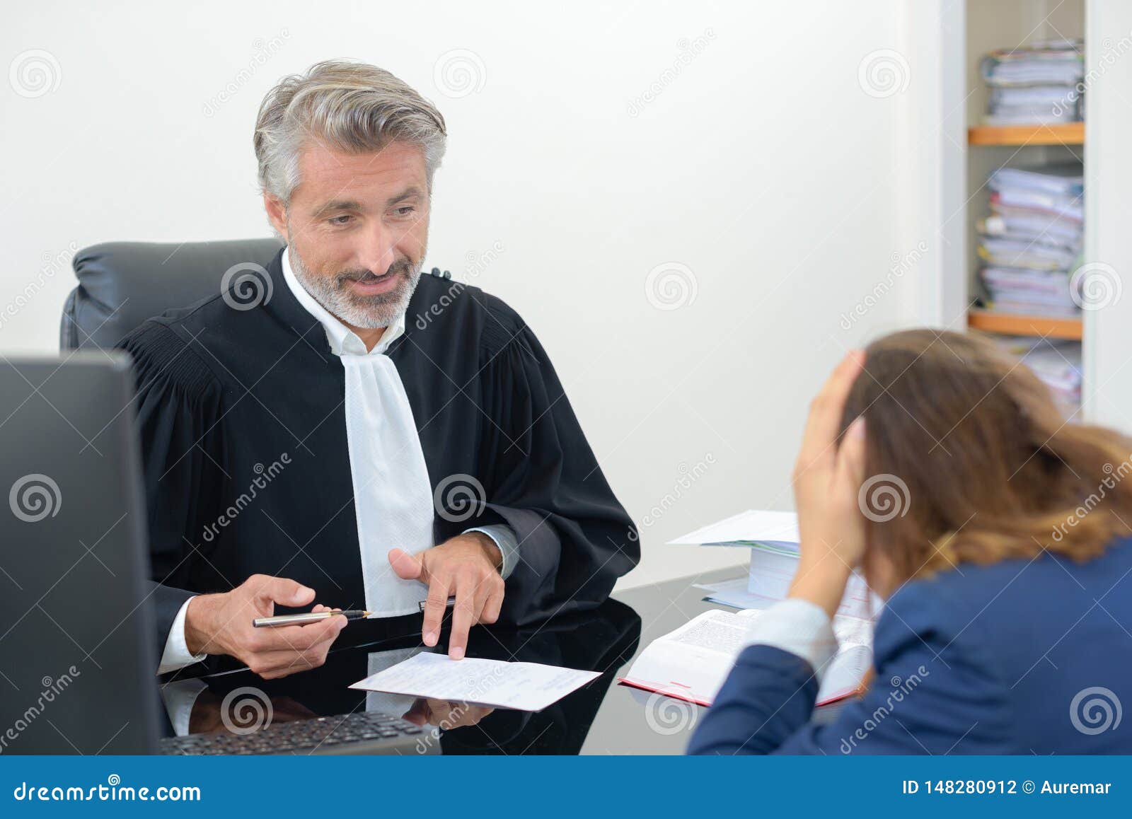 Client with Head in Hands Talking To Lawyer Stock Photo - Image of ...