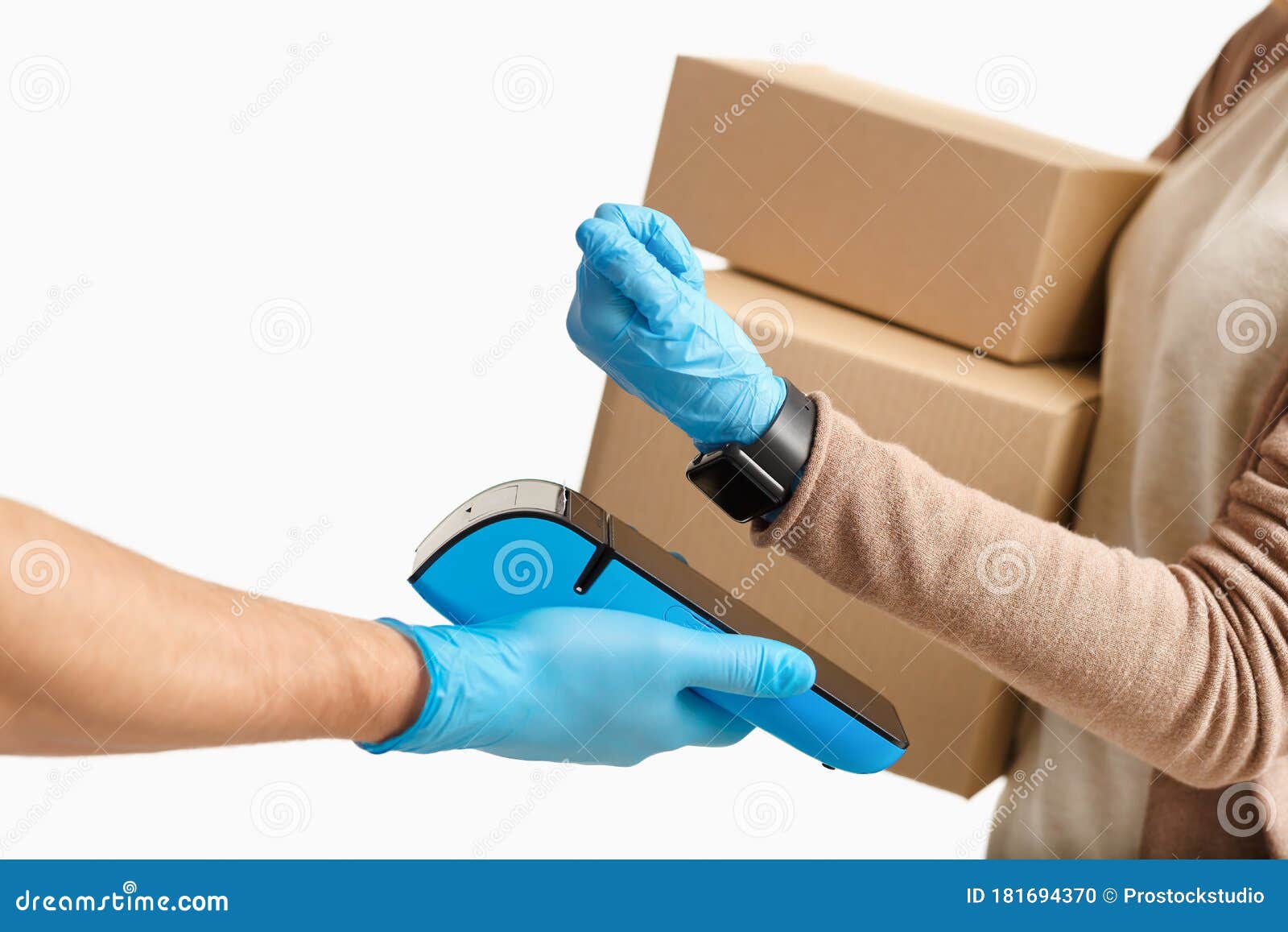 Client Pays for Delivery Services Using Smart Watches Stock Photo ...