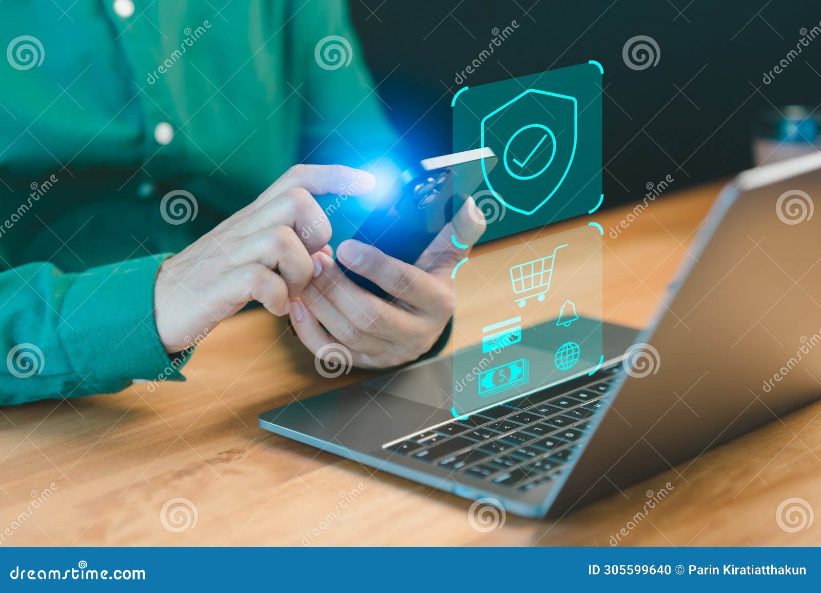 Client Use a Smartphone and Laptop with Sign of Security Protection ...