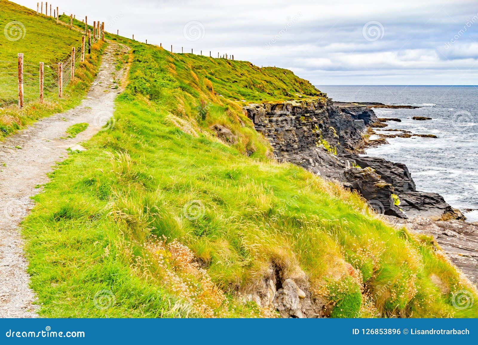 Cliffs of Moher Trail with Farm Fields and Ocean Stock Photo - Image of ...
