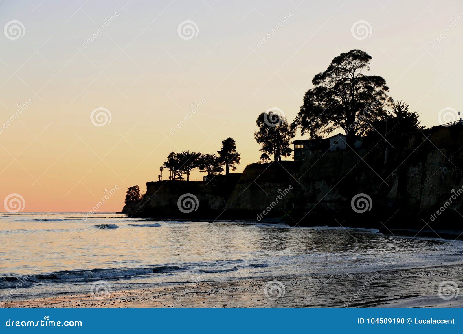 Silhouette of Cliffs and Trees, Capitola Beach, CA. Stock Photo - Image ...