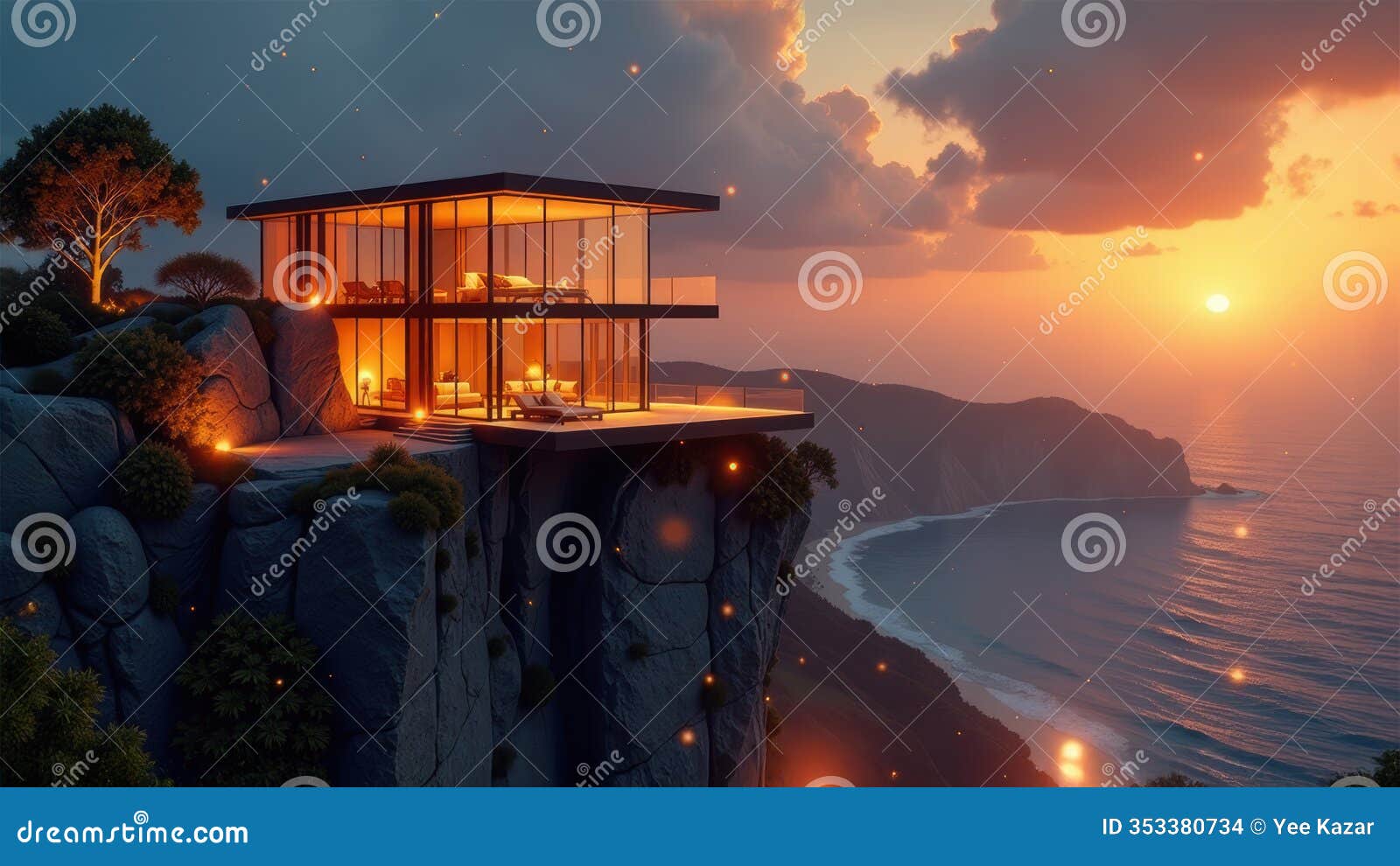 Cliffside Modern House at Sunset Stock Illustration - Illustration of ...