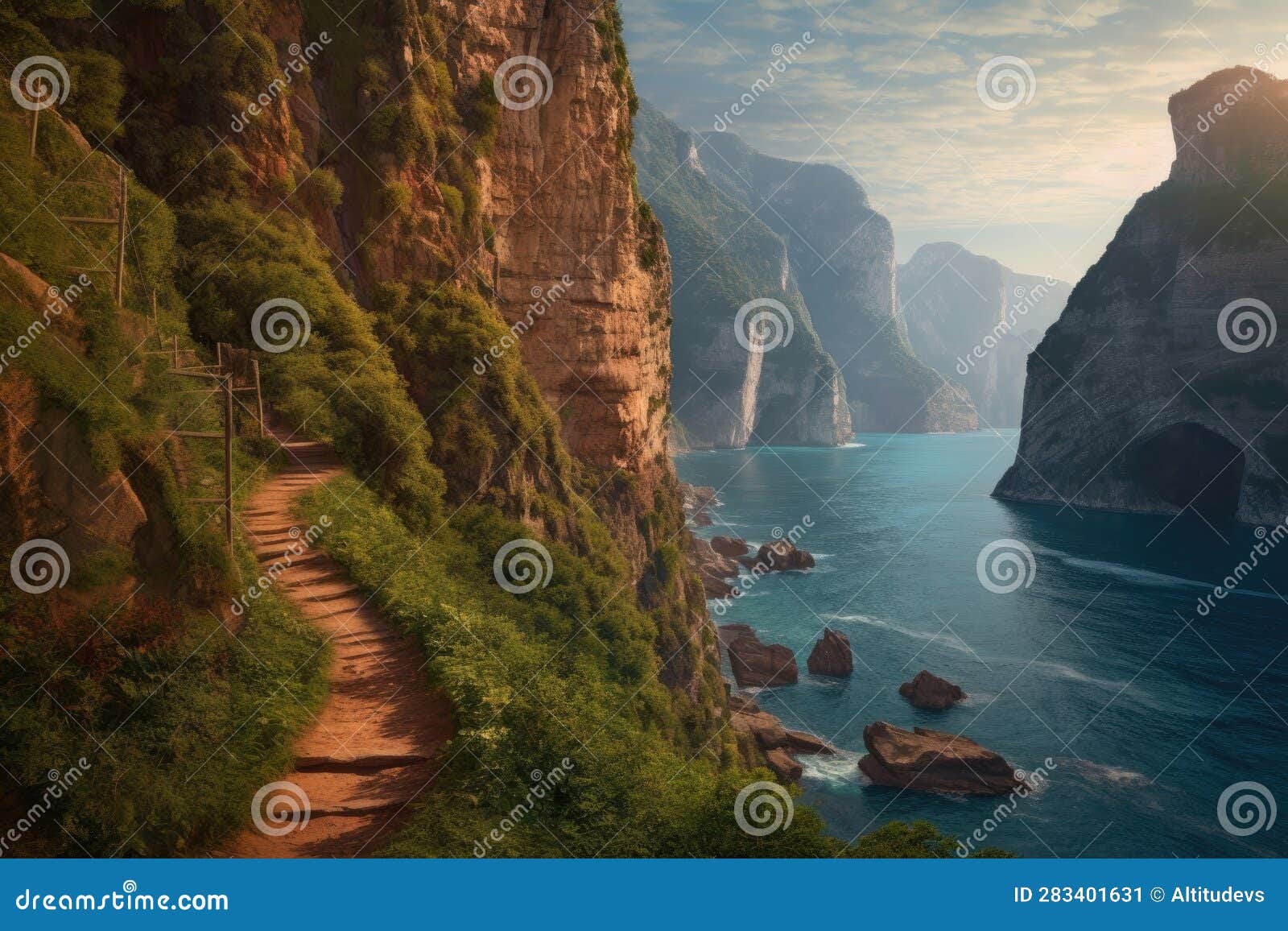 Cliffside Path with Dramatic Mountain Backdrop Stock Illustration ...