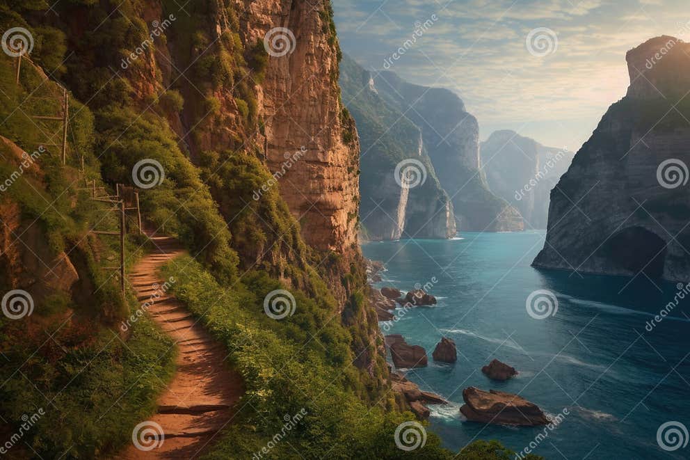 Cliffside Path with Dramatic Mountain Backdrop Stock Illustration ...