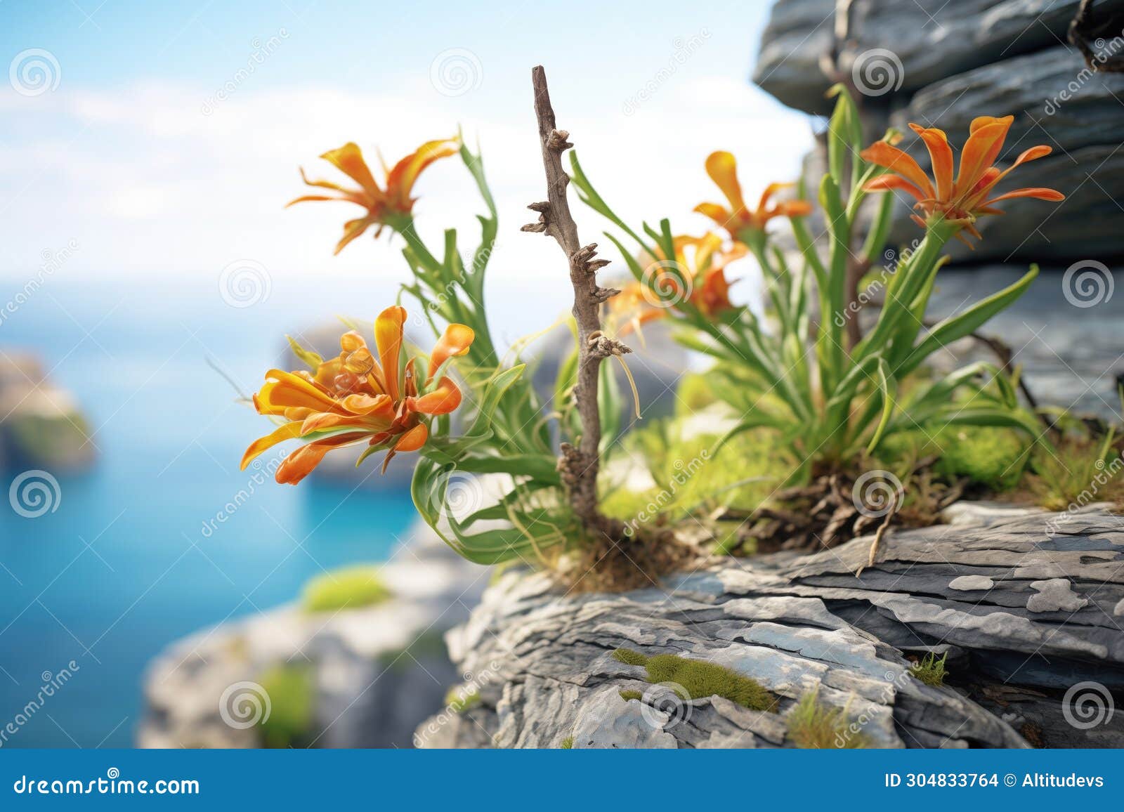 Cliffside Plants Clinging To Rocks with Ocean Backdrop Stock Photo ...