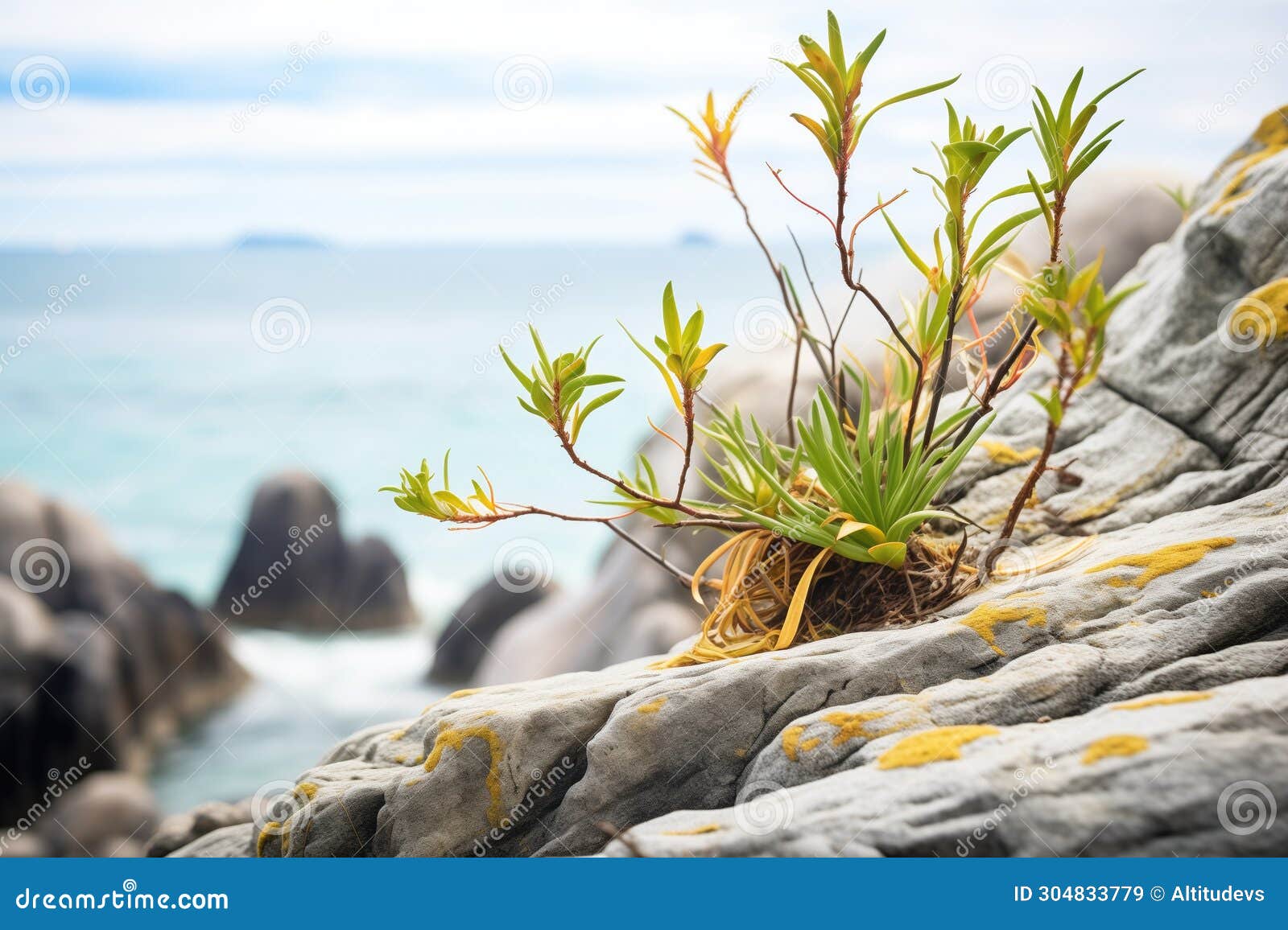 Cliffside Plants Clinging To Rocks with Ocean Backdrop Stock Image ...
