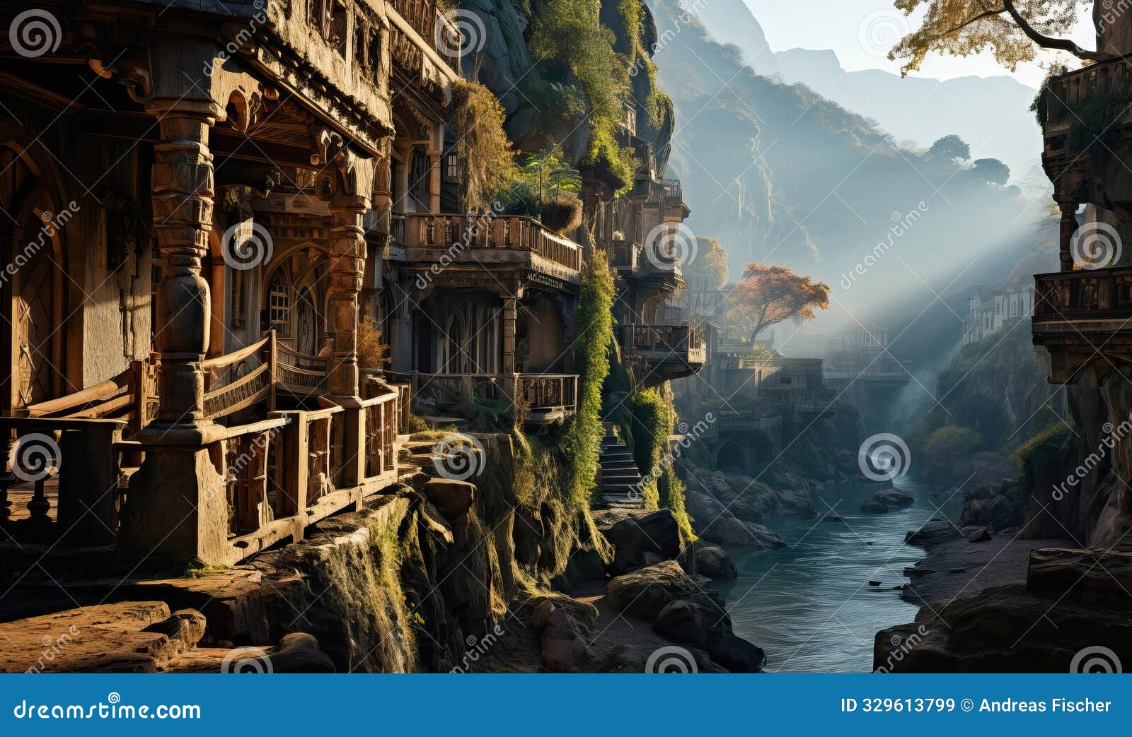 Cliffside Village with River Stock Image - Image of residential ...