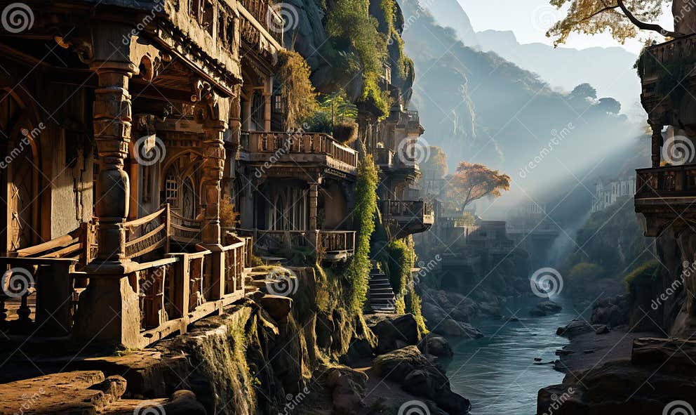 Cliffside Village with River Stock Image - Image of residential ...
