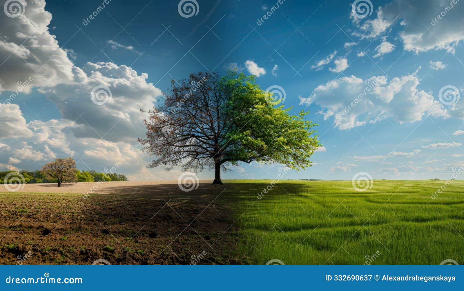 Climate Change Concept with Half Dead Tree and Lush Greenery Stock ...