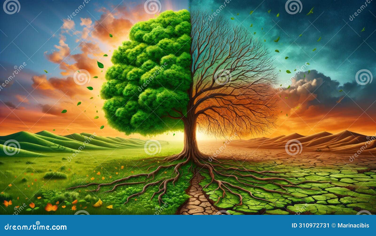 Climate Change Concept: Split View of Green and Arid Land Stock Image ...