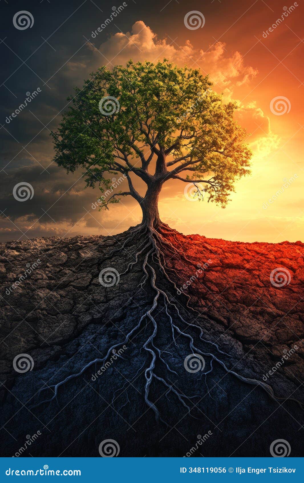 Climate Change Concept Tree with Roots Split between Drought-Stricken ...