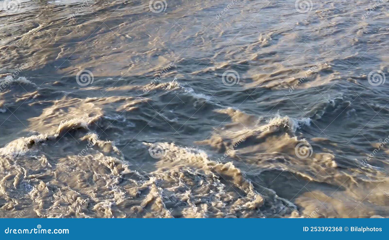 Climate Change Effect Flooding in River with Big Waves Submerged Fields ...