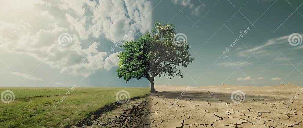 Climate Change: Lush Greenery Vs Arid Desert Split Stock Illustration ...