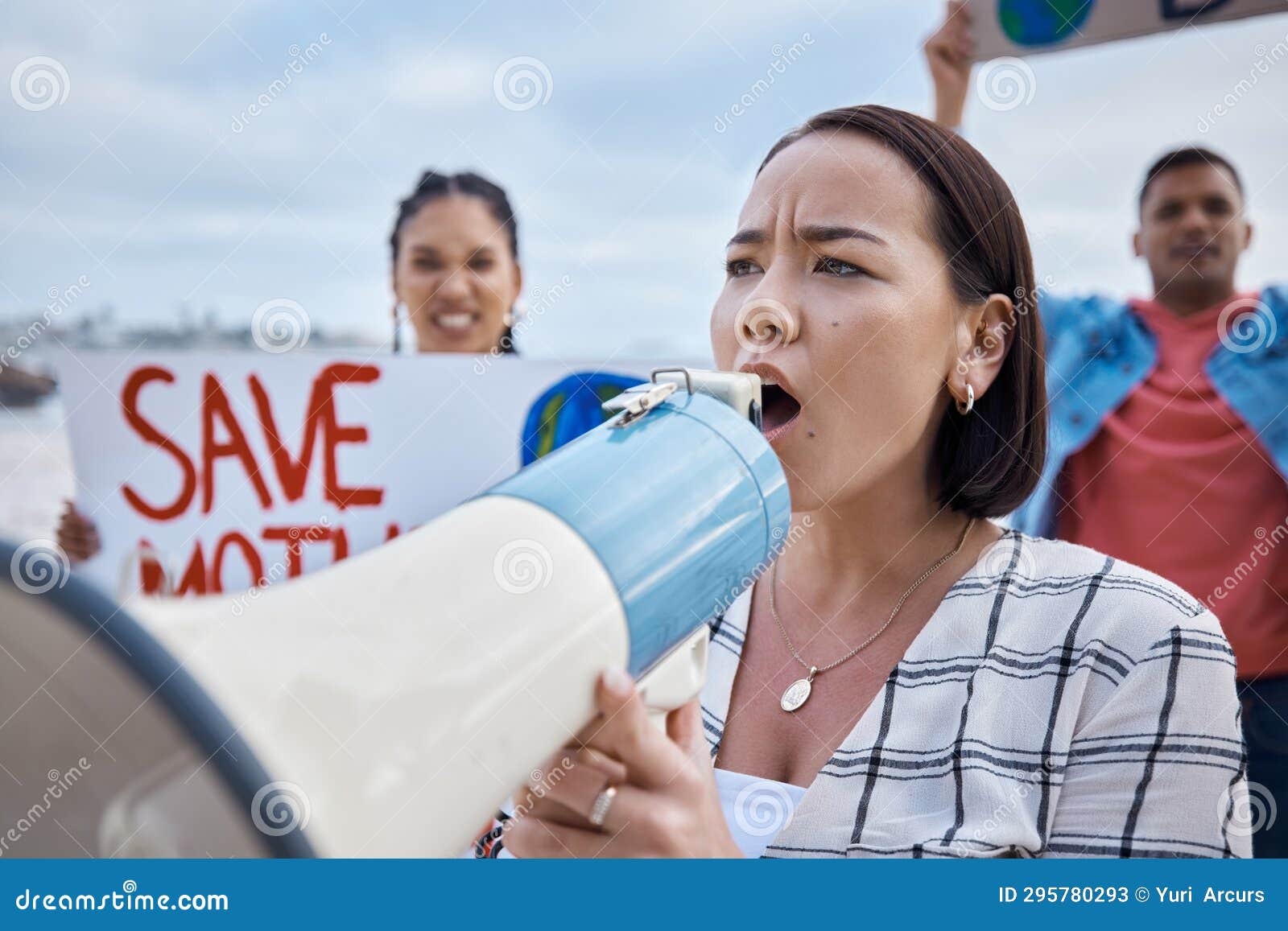 Climate Change, Megaphone and Asian Woman Protest with Crowd Protesting ...