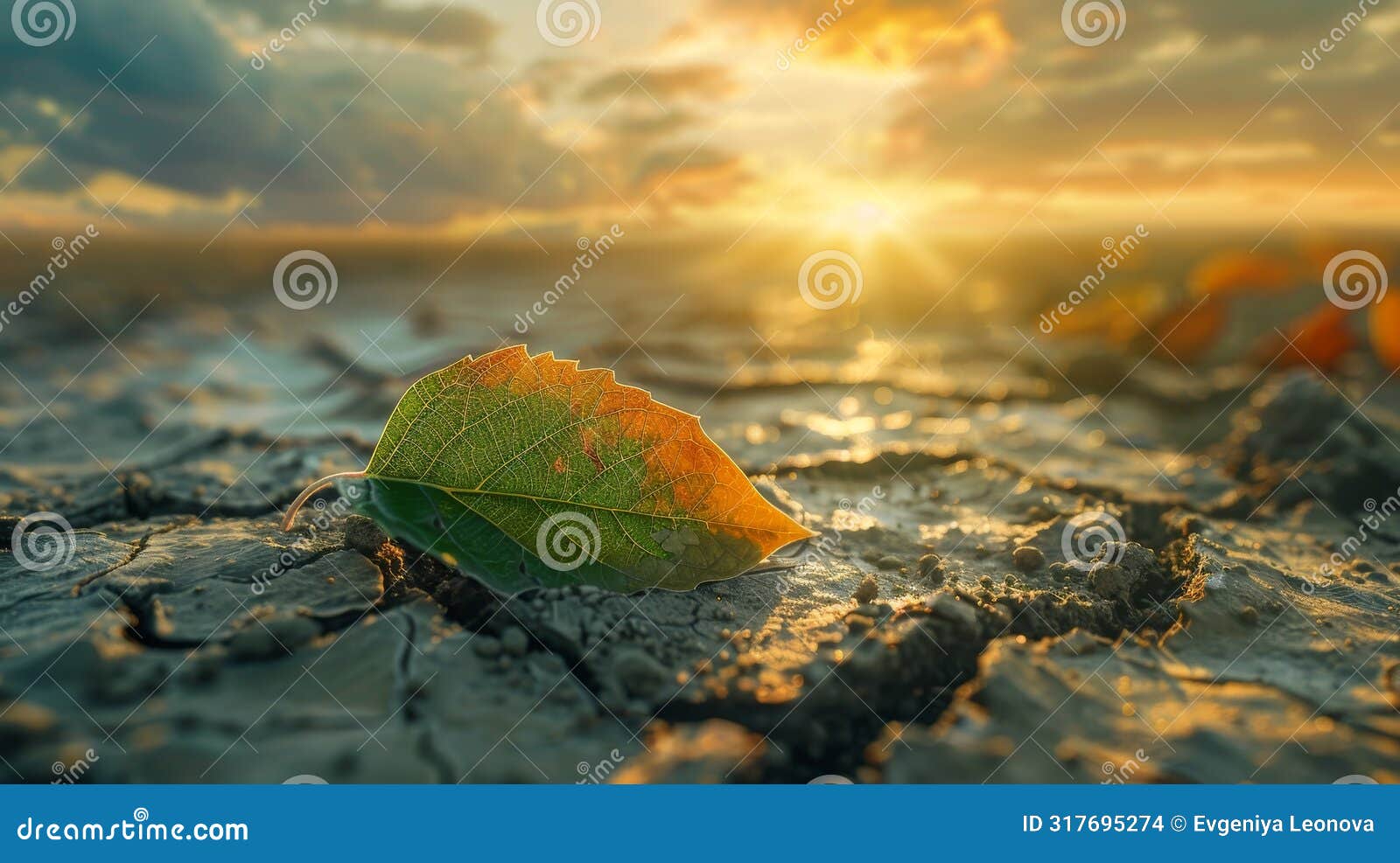 Climate Change Metaphor Burning Leaf on Dry Earth Vs Green Leaf by River Under Clear Sky Stock ...