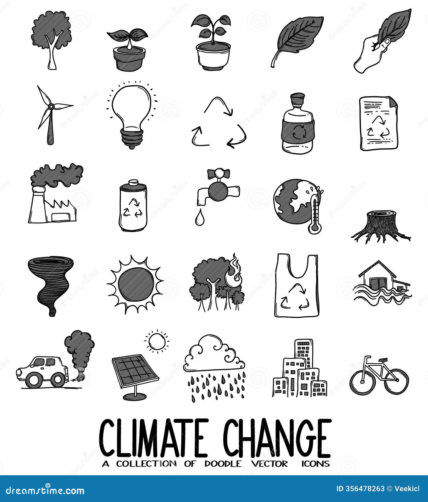 Climate Change Related Doodle Vector Icon Set. Drawing Sketch ...