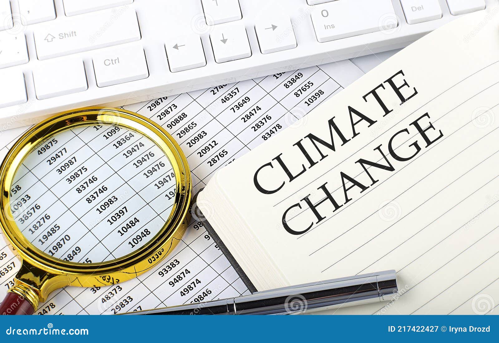 Climate Change Text on Notebook with Chart, Magnifier,keyboard and Pen ...