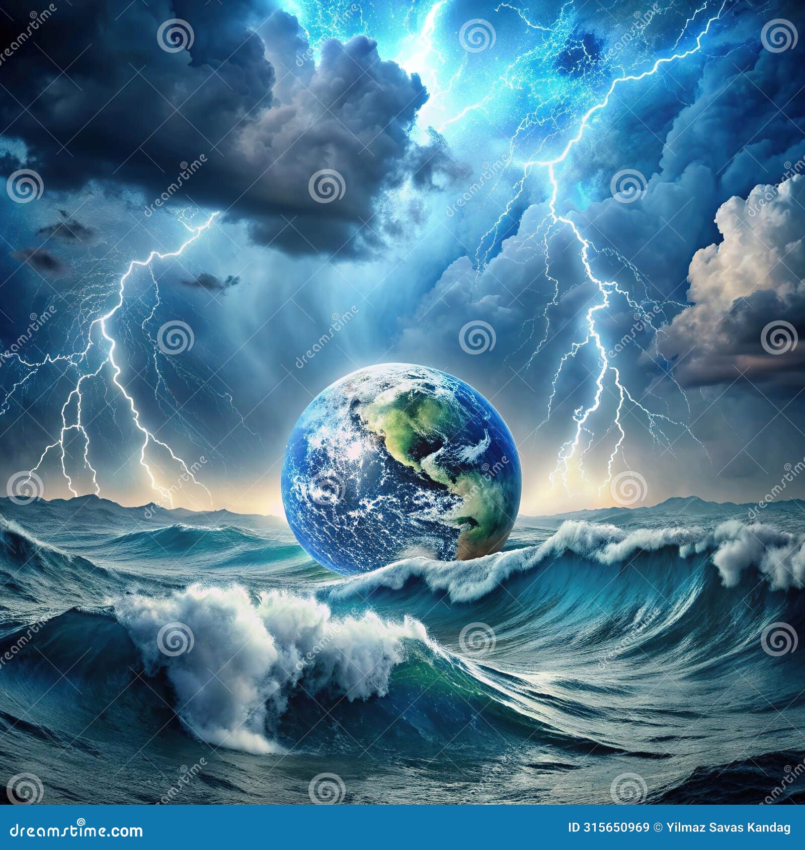 Climate Crisis. Thunder and Lightning Clouds. High Wavy Sea and Earth ...