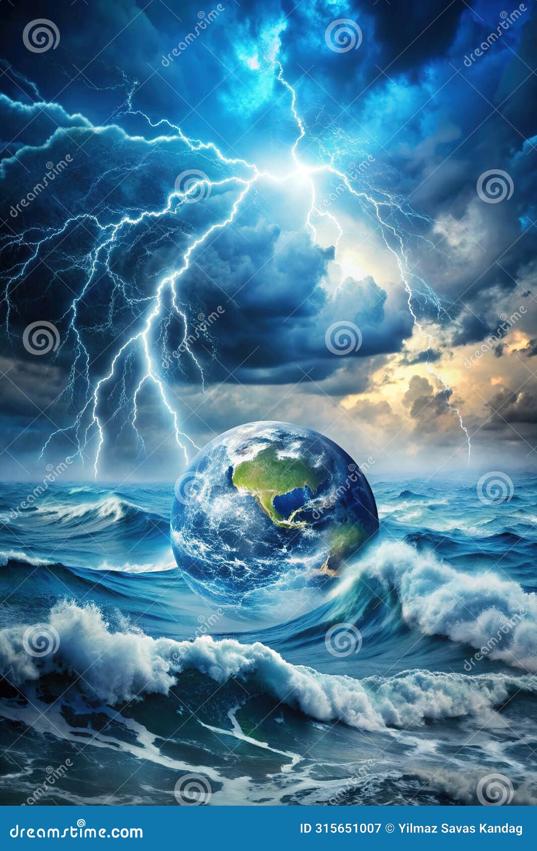 Climate Crisis. Thunder and Lightning Clouds. High Wavy Sea and Earth ...