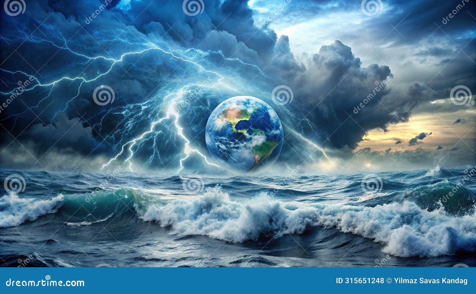 Climate Crisis. Thunder and Lightning Clouds. High Wavy Sea and Earth ...