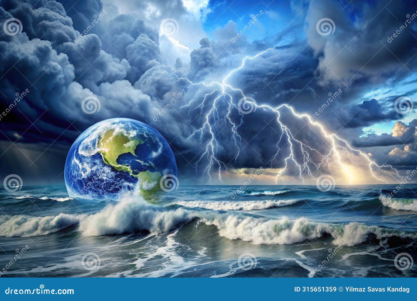 Climate Crisis. Thunder and Lightning Clouds. High Wavy Sea and Earth ...
