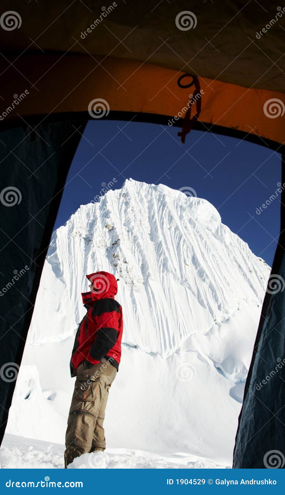 Climber and Alpamayo Peak from the Tent Stock Image - Image of high ...