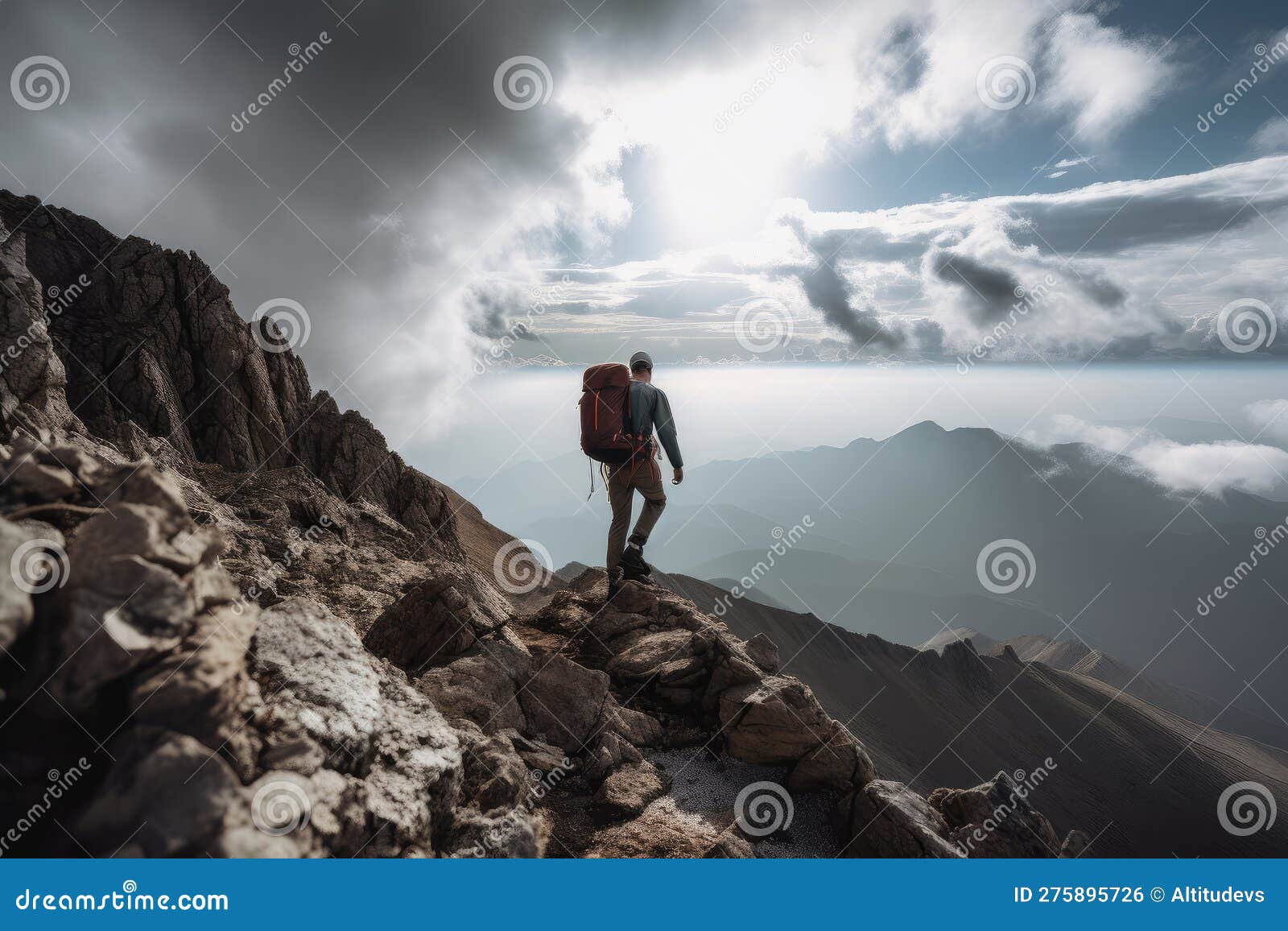 Climber Ascending An Overhanging Rock Face, With Glimpse Of The Sunset ...