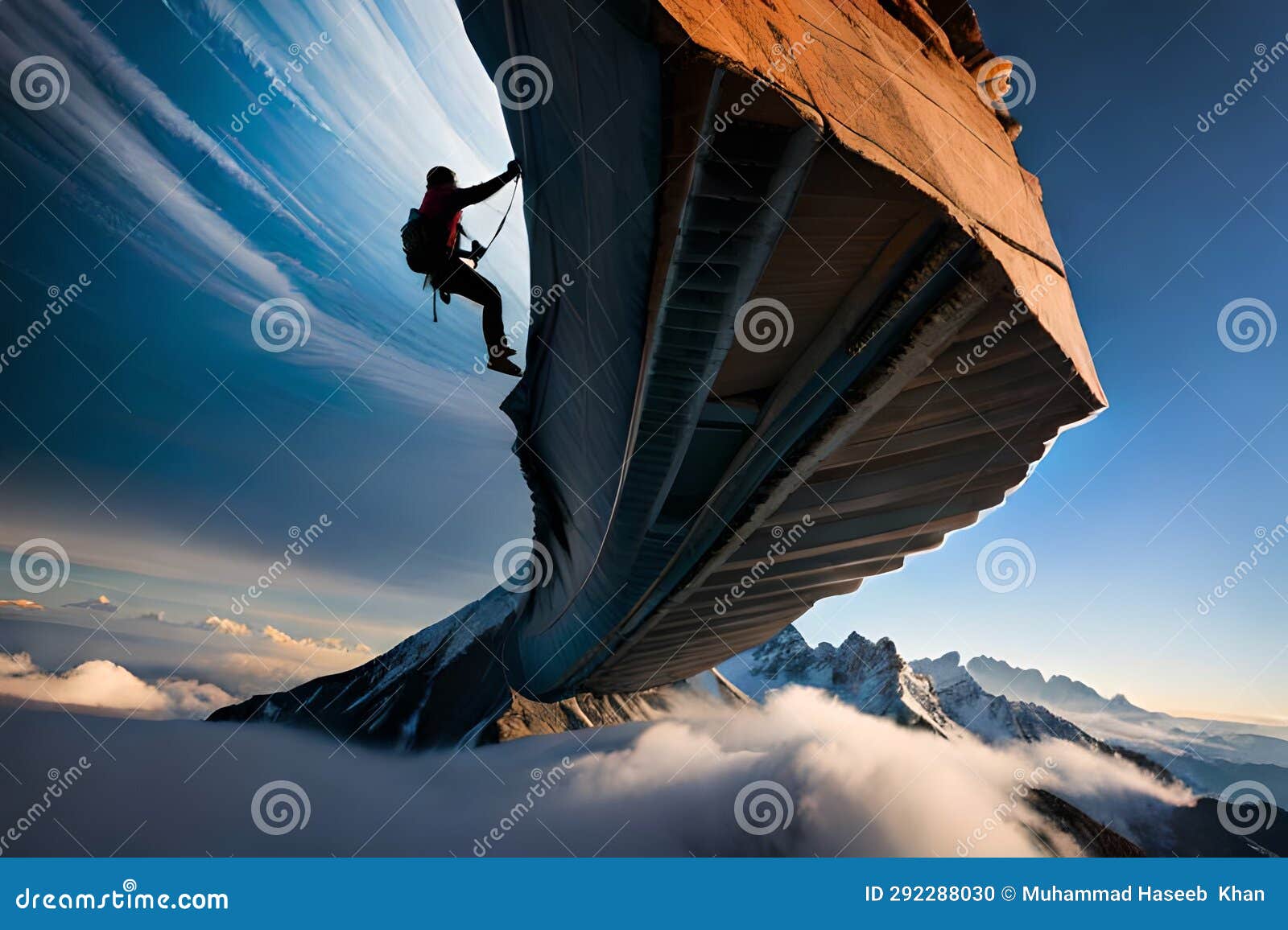 A Climber Ascending a Steep, Rocky Chimney with Dramatic Exposure ...