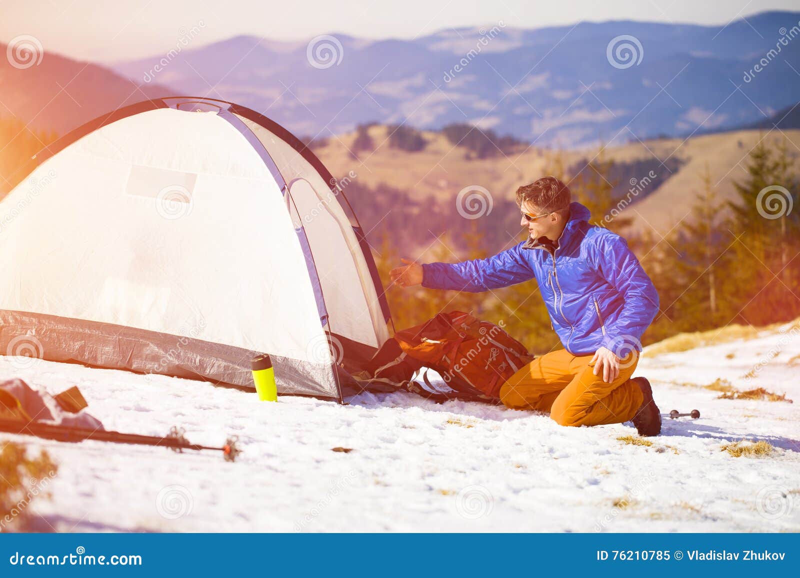 Climber with a Backpack Near the Tent. Stock Image - Image of rock ...