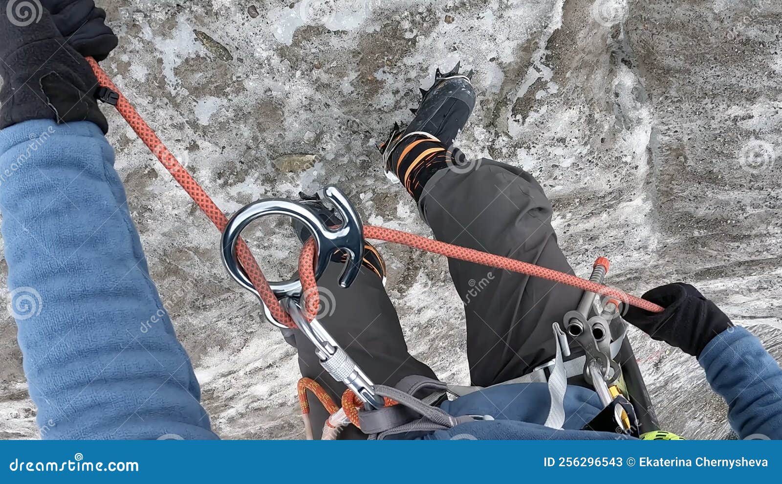 The Climber Descends Down the Vertical Railing on the Descent Device ...