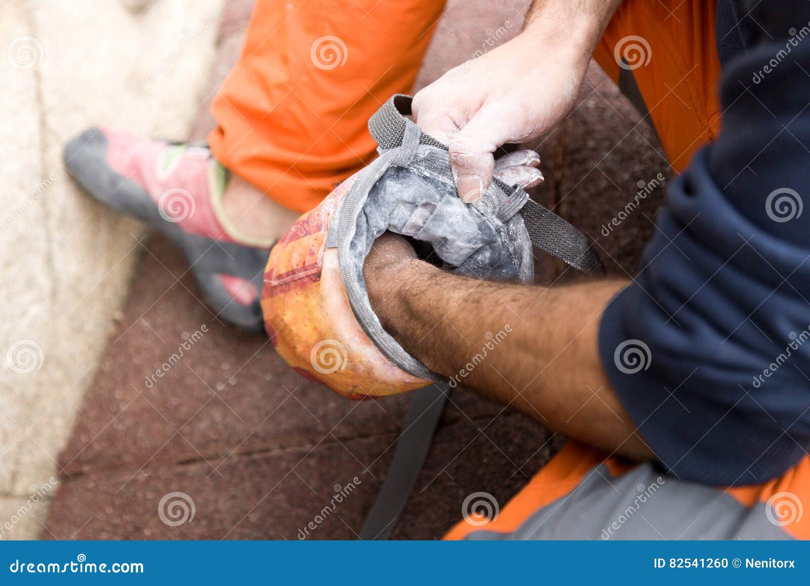 Climber Man Coating Her Hands in Powder Chalk Magnesium. Stock Photo ...
