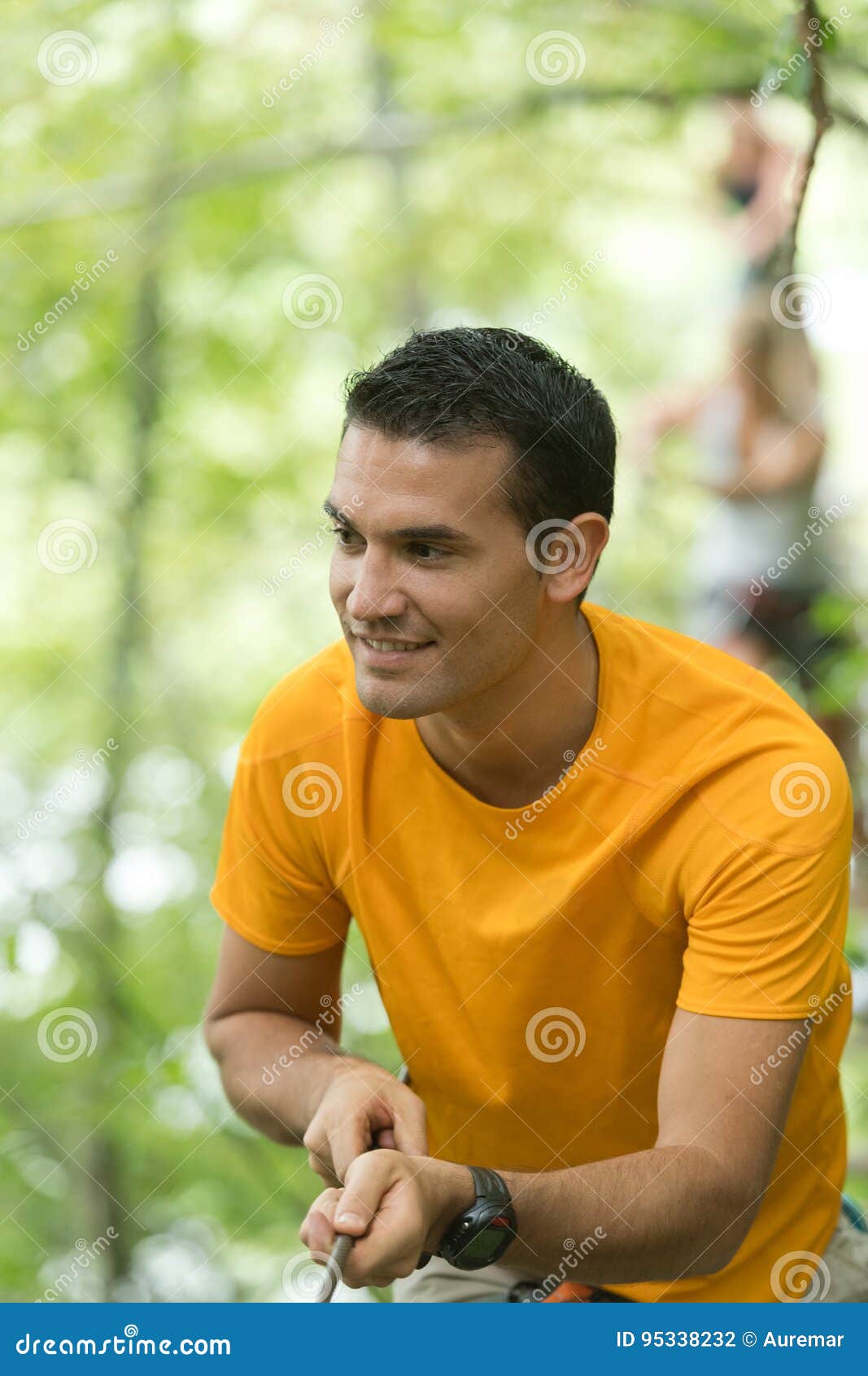 Climber Man Holding Rope in Adventure Park Stock Photo - Image of ...