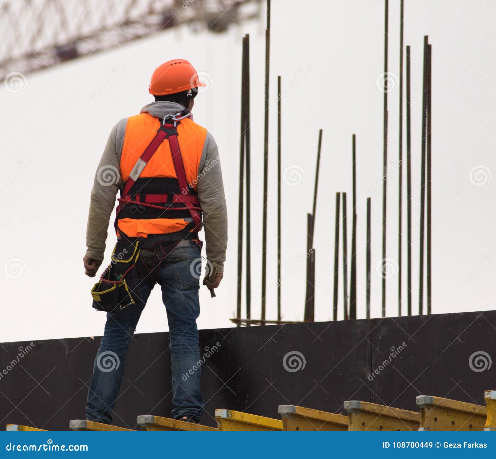Labour in Orange with Hammer at the Scaffolding Stock Image - Image of ...