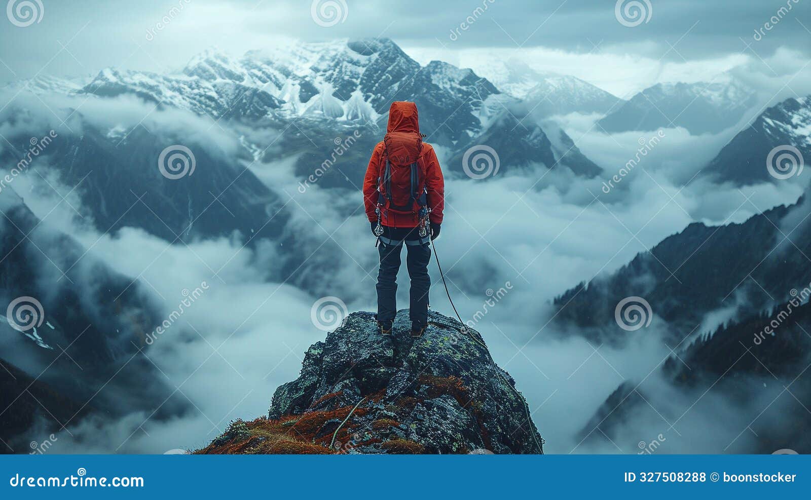 The Climber Reaches The Summit Of The High Peak. AI Generated. Stock ...