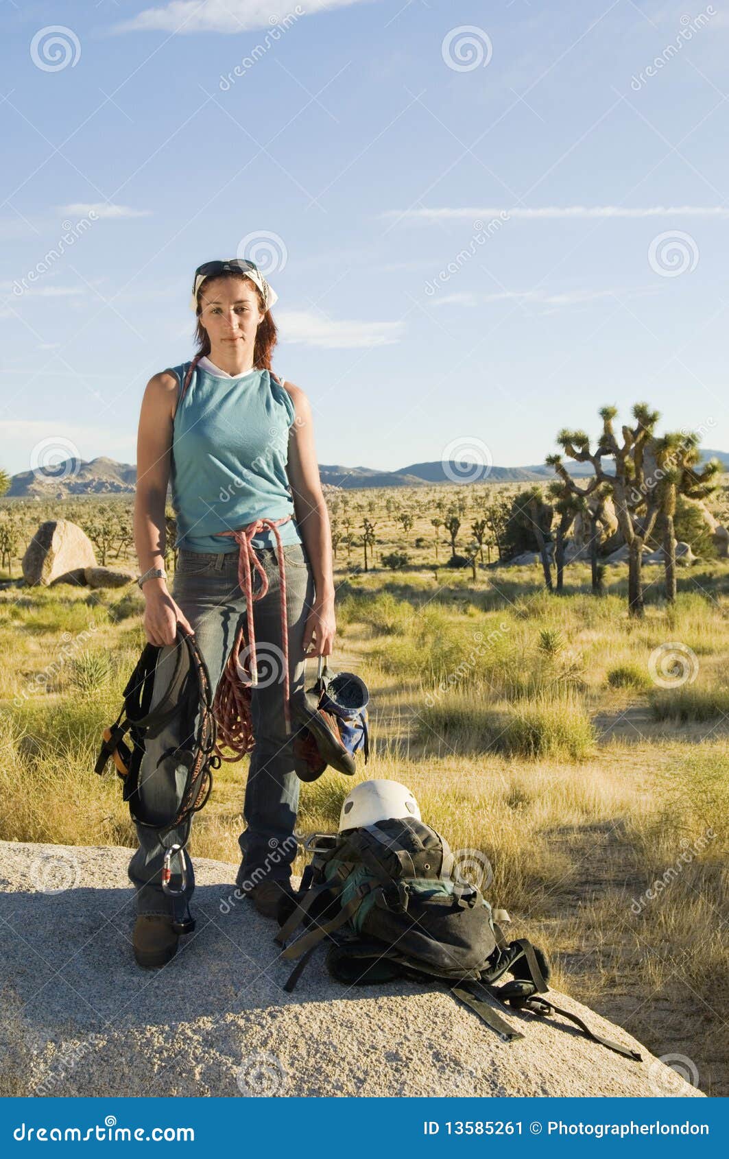 Climber Standing on Boulder with Gear, (portrait) Stock Image - Image ...