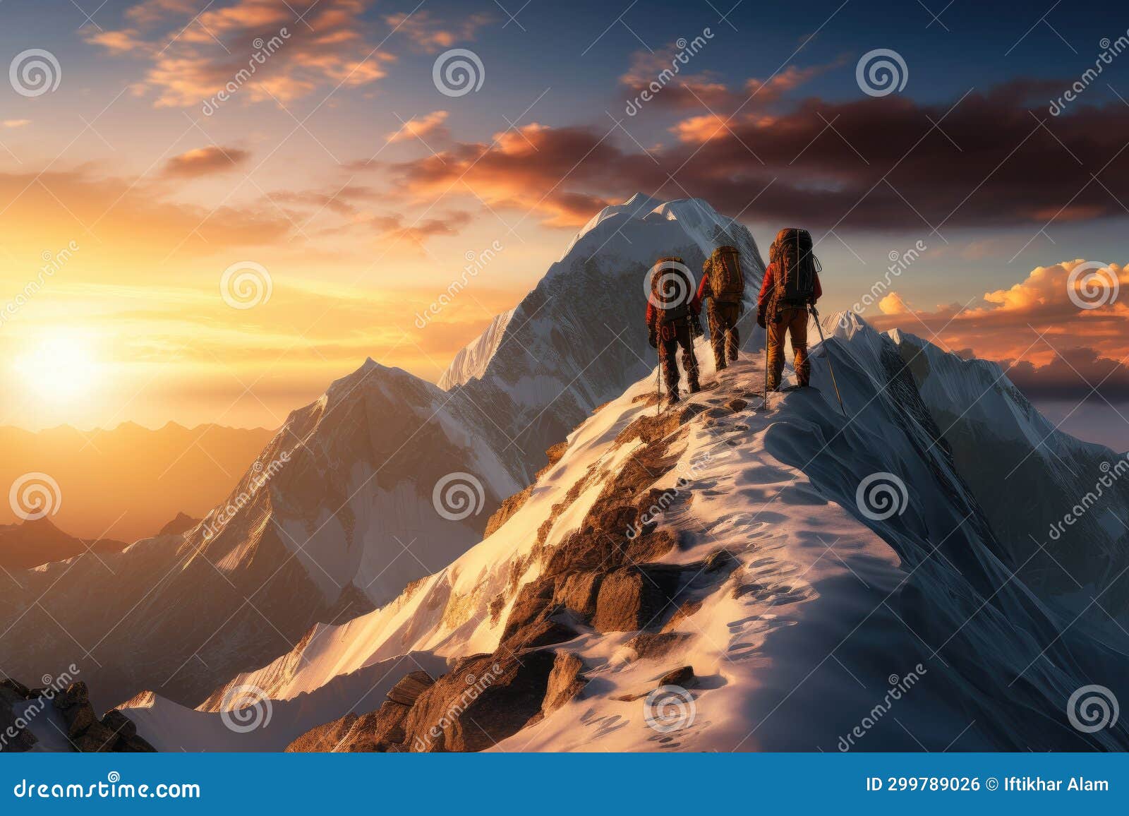Climbers Walking on Top of a Mountain at Sunset, 3d Render, a Team of ...
