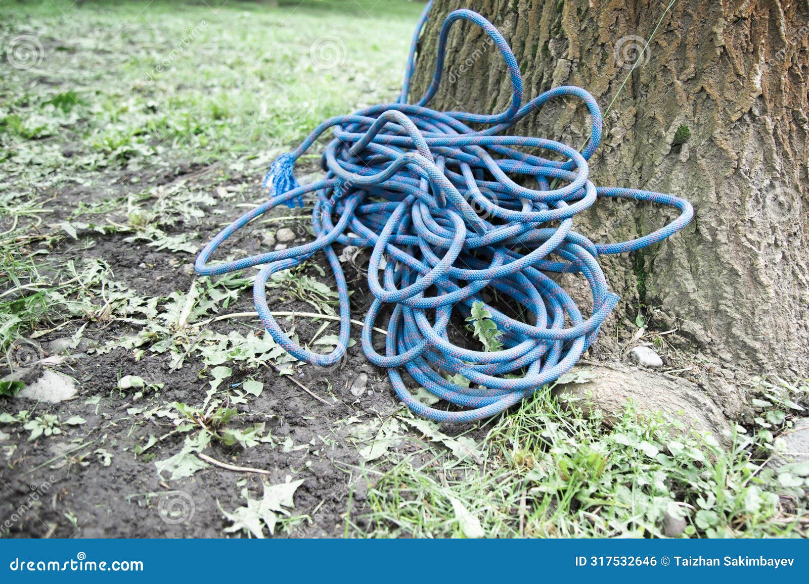 Climbing Equipment on the Ground. Climbing Rope Rolled Up , Copy Space ...
