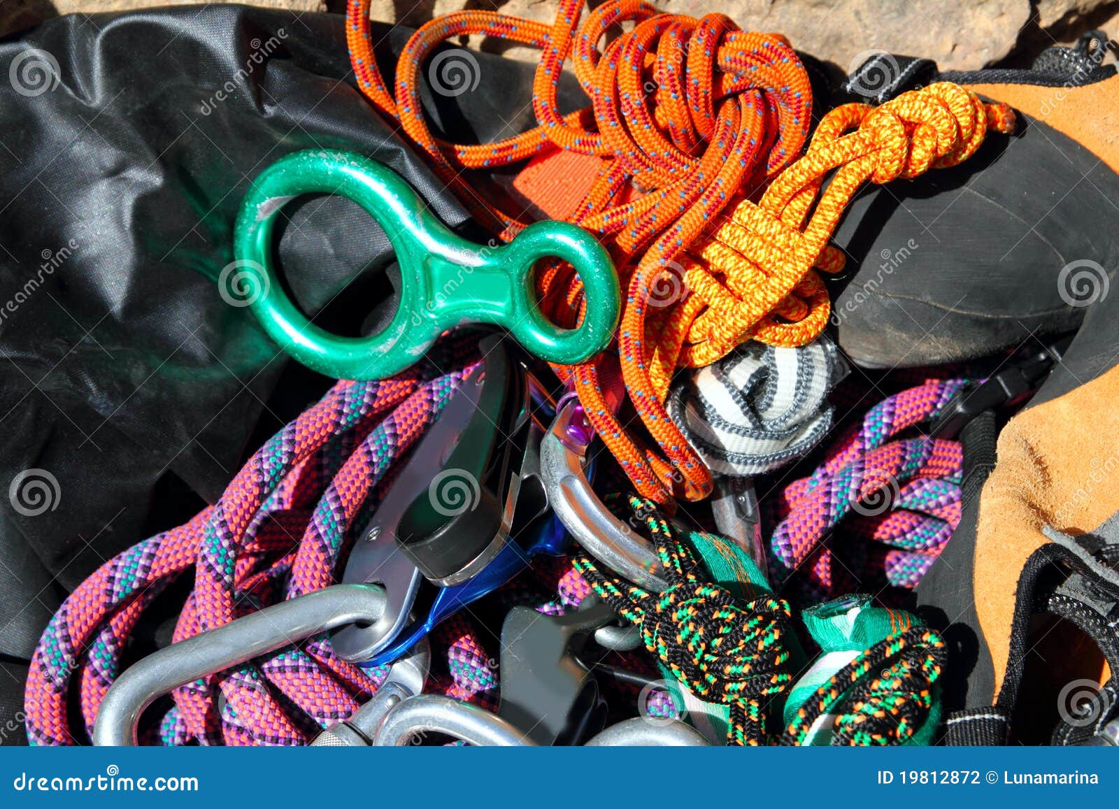 Climbing Equipment Shackles Harnesses Ropes Stock Photo - Image of ...