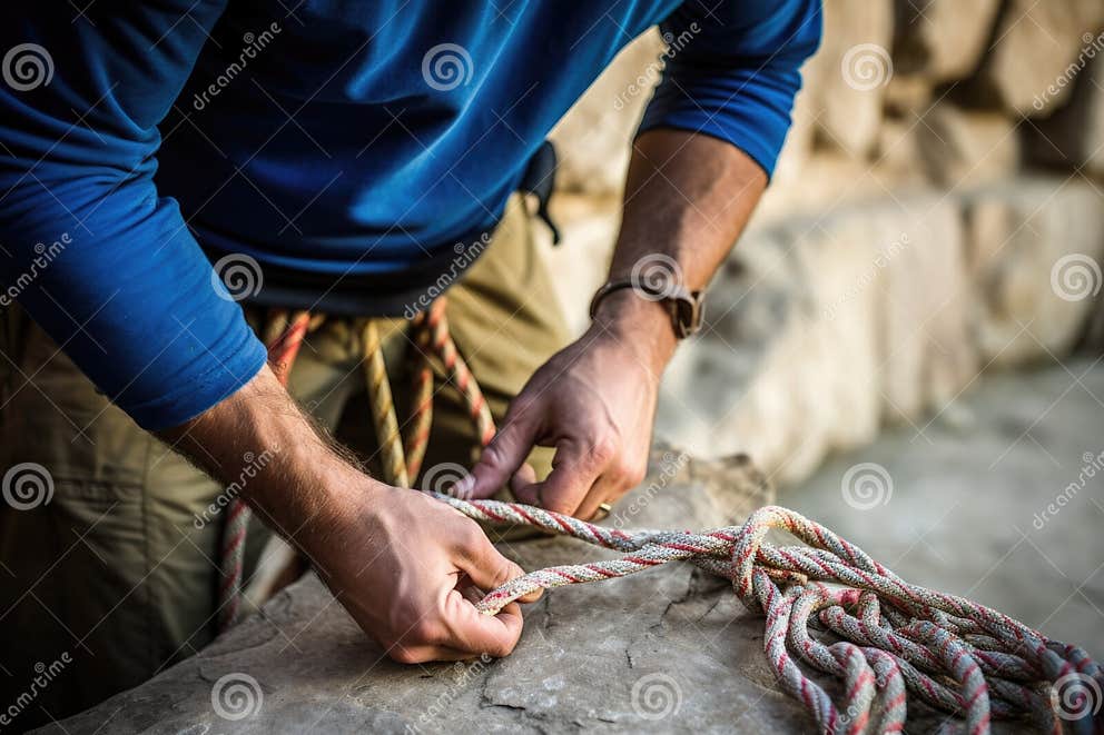 Climbing Instructor Demonstrating Knot-tying Techniques on a Rope Stock ...