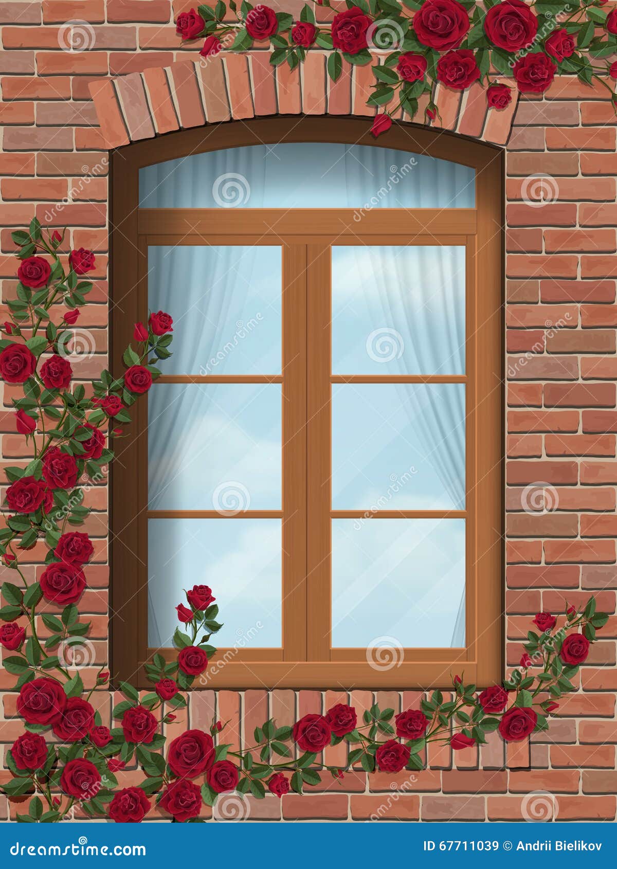 Climbing Rose Arched Window in Brick Wall Stock Vector - Illustration ...