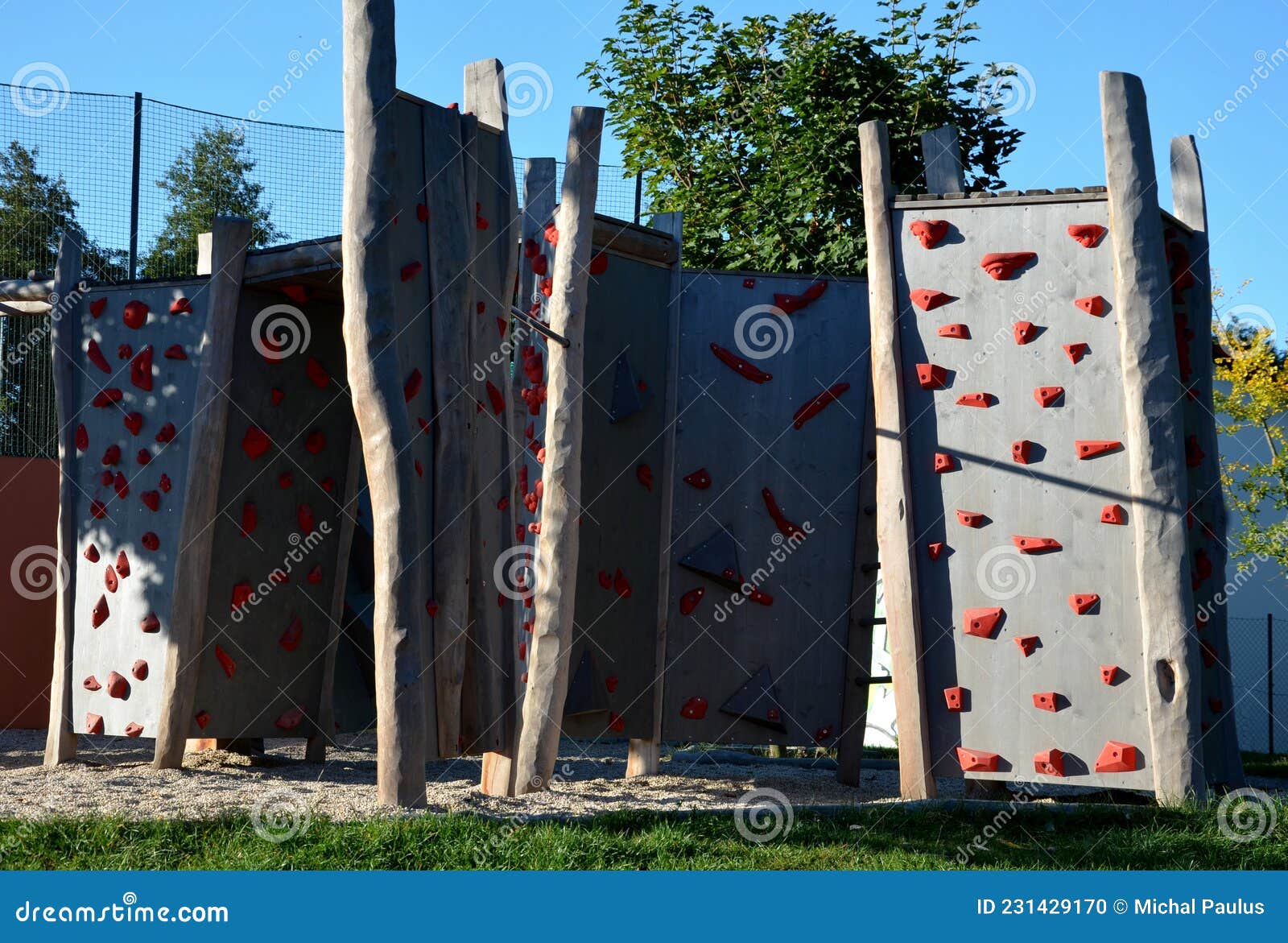 Climbing Wall on the Playground in the Park. Solid Beams with Climbing ...