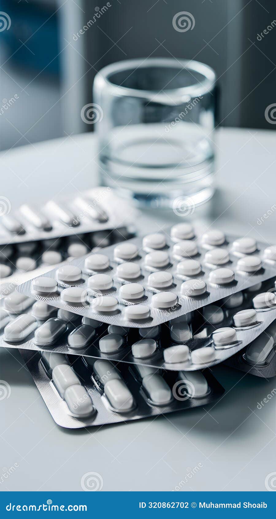 Clinical Setting with Neatly Arranged White Tablets and Glass Container ...
